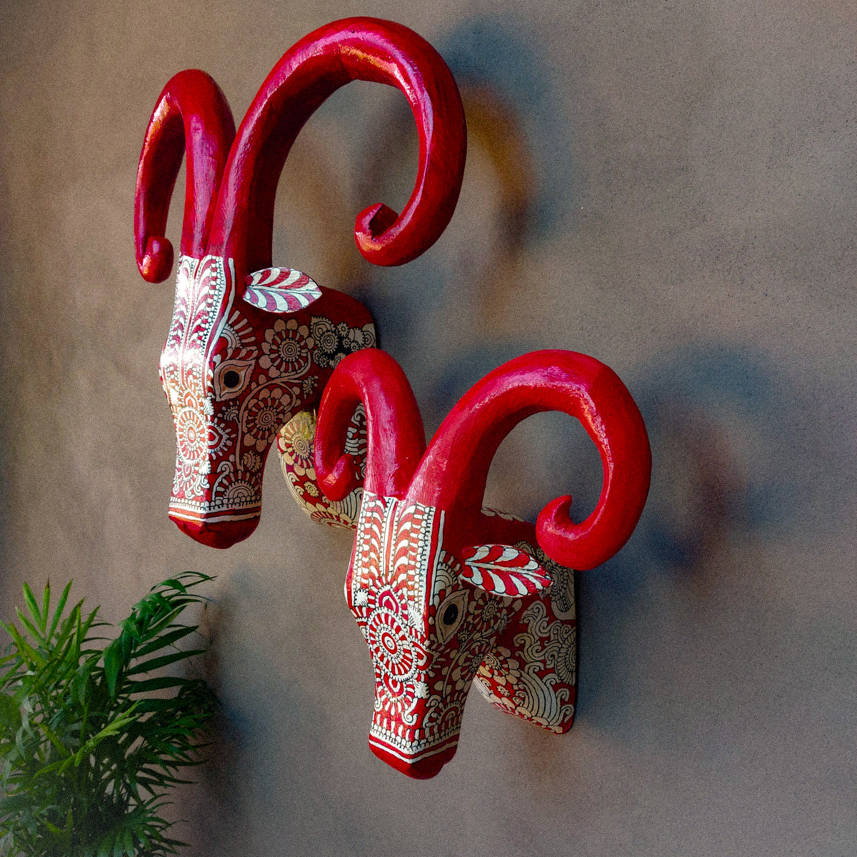 Small 12 Inch Tholu Tribal Handpainted Ram Head - Red & White | Anav